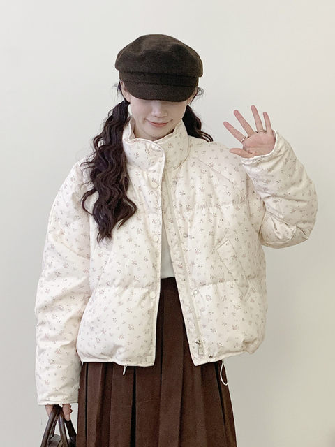 Korean sweet floral down jacket for women 2024 new style small stand-up ...