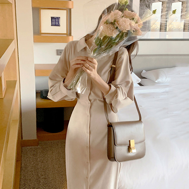 Korean chic style lapel single-breasted lace-up waist shirt dress slim ...