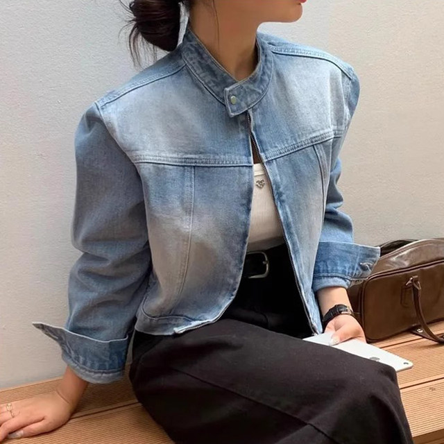 Liangliang's standing collar grinding white short denim jacket for ...