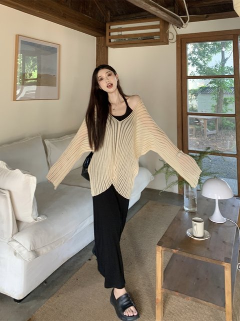 Lazy wind casual suit long -sleeved knitted shirt sunglasses top female ...