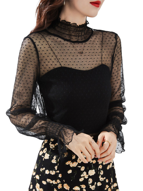 Lace bottoming shirt female inner wave dot mesh top thin semi -high ...
