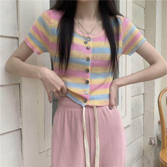 Colorful striped round neck short-sleeved knitted T-shirt for women in ...