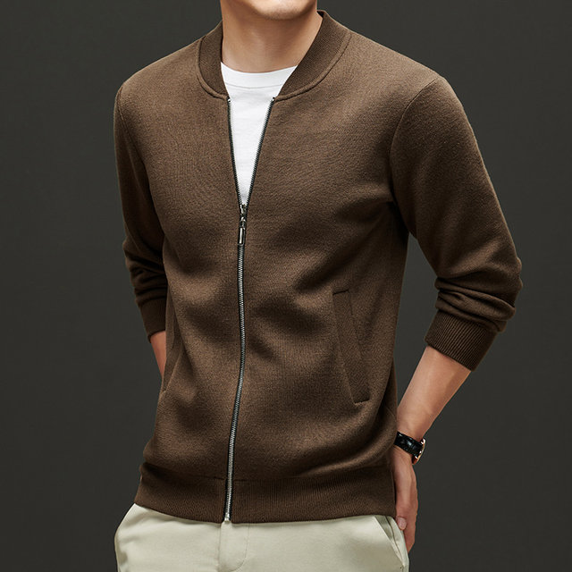 Mulberry silk wool knit zipper jacket solid color pocket baseball ...