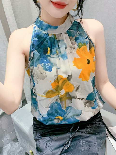 French floral hanging neck tangent chiffon top female vest, summer sexy ...
