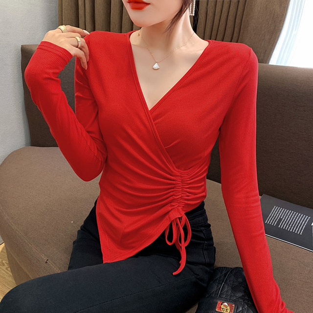 Sexy leopard print V-neck drawstring T-shirt for women, long-sleeved ...