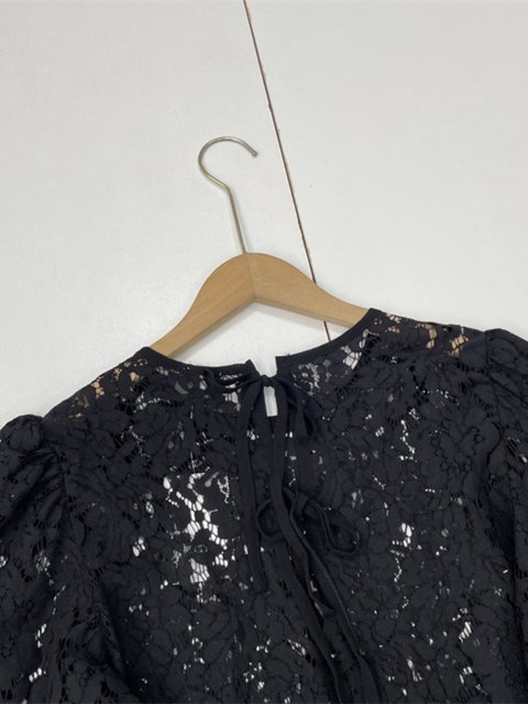 C1 retro shape ~ lace hollow shirt female embroidered round neck lace ...