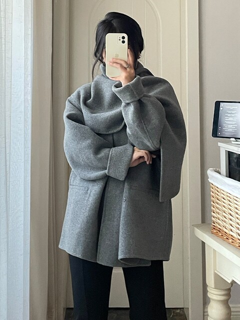 Gray double-sided wool scarf cloak coat for women autumn and winter new ...