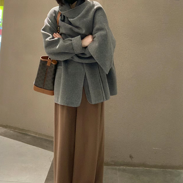 Gray double-sided wool scarf cloak coat for women autumn and winter new ...