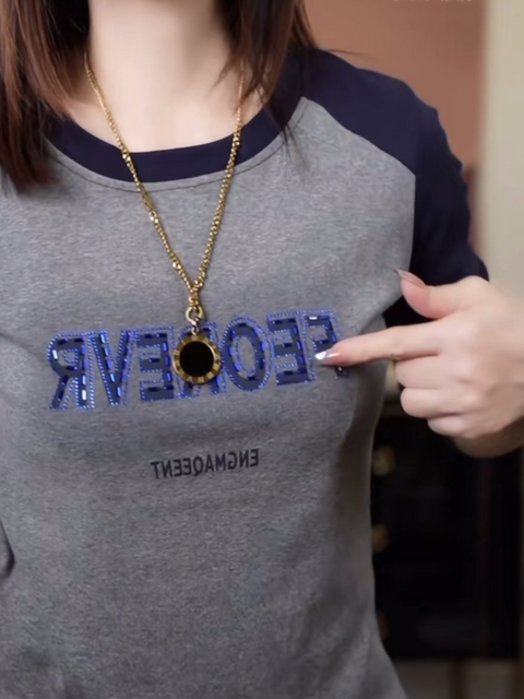 Design-sensory printed iron diamond rapacious shoulder long-sleeved T ...