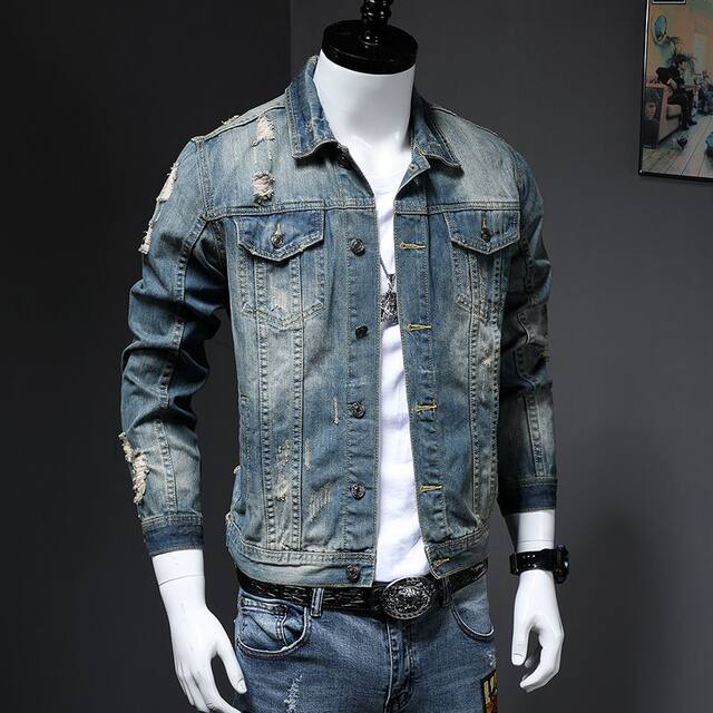 Spring and Autumn Retro Ripped Denim Jacket Men's Casual Trendy Brand ...