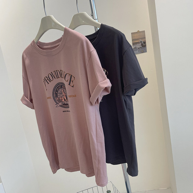 American retro castle print pink T-shirt! Summer ins loose slim round ...