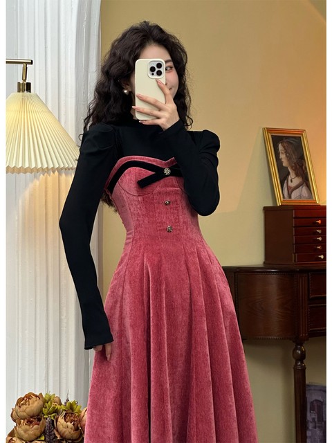Mrs. Xiao French retro velvet dress in autumn and winter waist ...