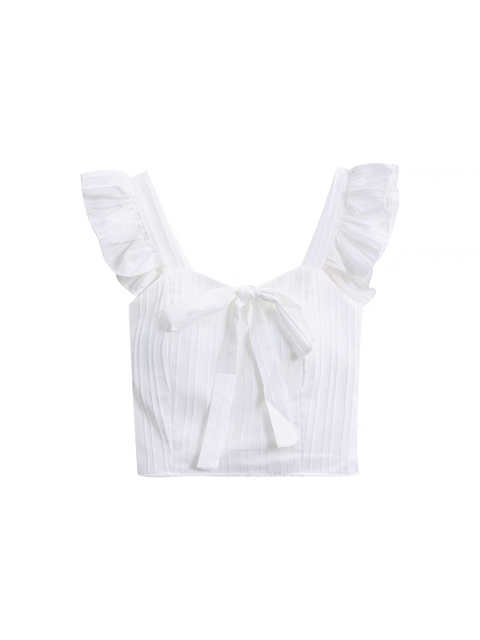 French ruffled inner short navel-baring small flying sleeves top for ...