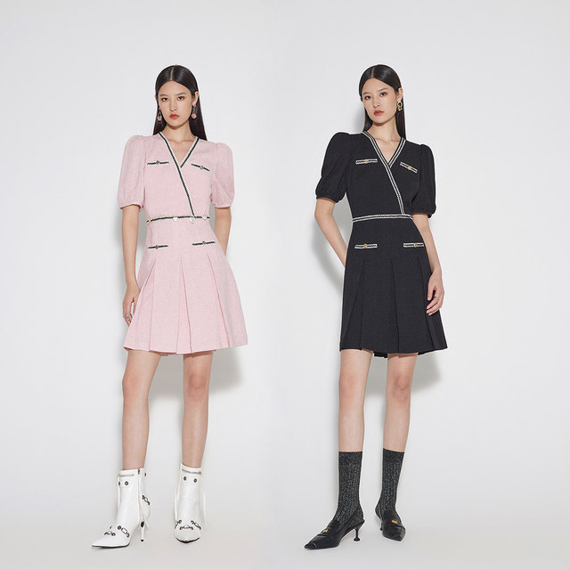 ochirly European fancy yarn small fragrant style short-sleeved dress V ...