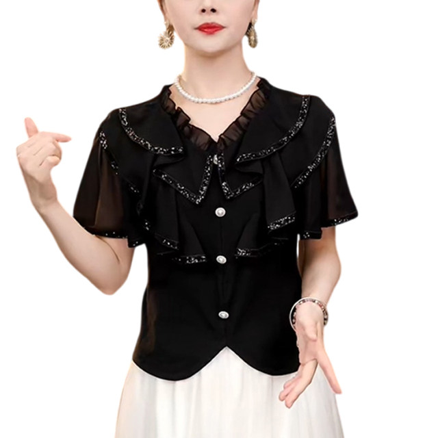 Chiffon shirt women's short-sleeved summer new French ruffle shirt ...