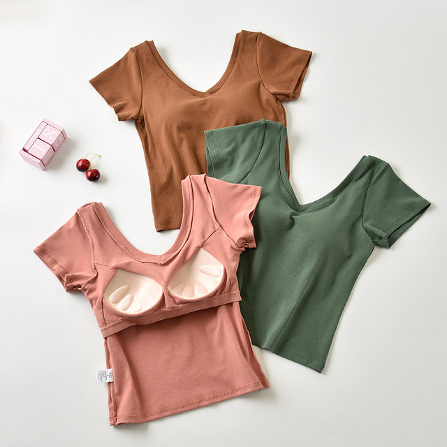 Cotton short -sleeved T -shirt women with chest pad bottom shirt V ...