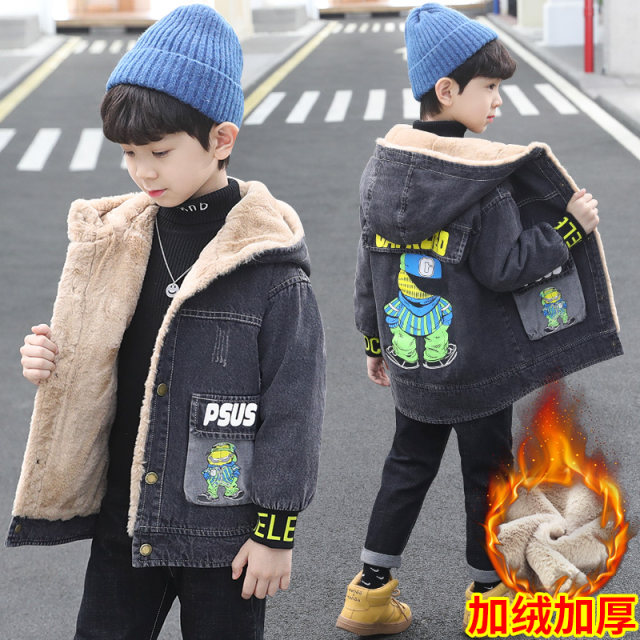 Boys' winter plus velvet denim jackets, children's cartoon hooded ...