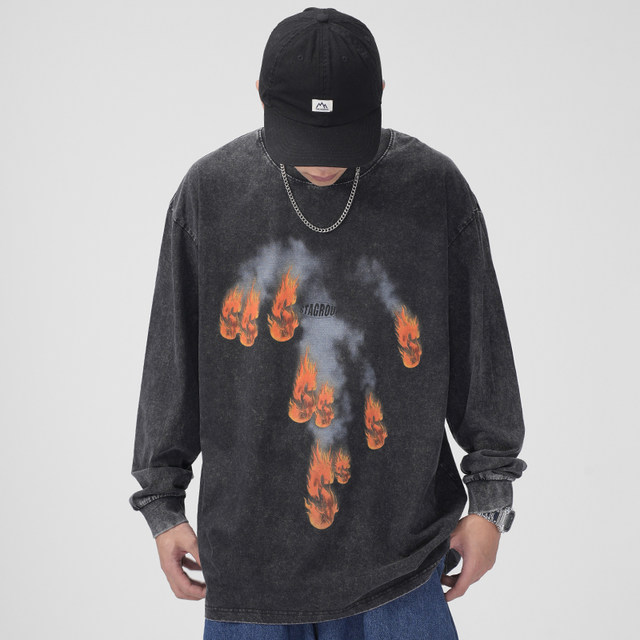 STA official store American retro flame print loose cotton washed long ...