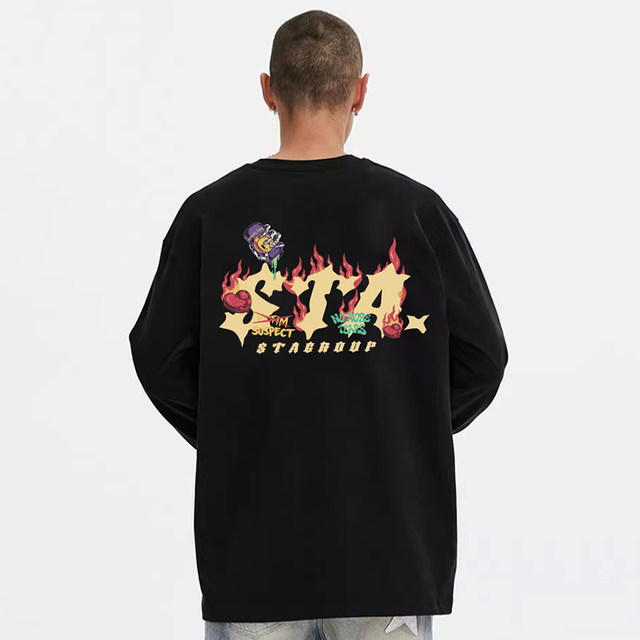 STA national trend logo flame skull print loose men's and women's tops ...