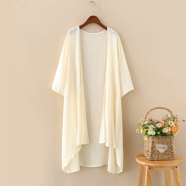 Cotton and linen outer mid-length cardigan women's thin shawl summer ...