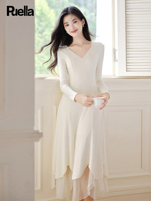 La Chapelle Puella's new spring dress for 2025 solid color gentle style V-neck slim fit and slim ...