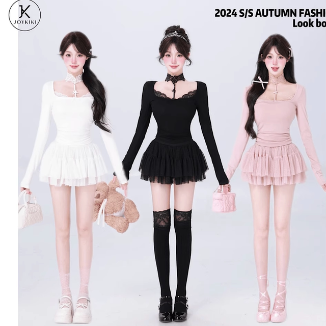 JOY KIKI gold autumn slim fit pure lace splicing versatile top