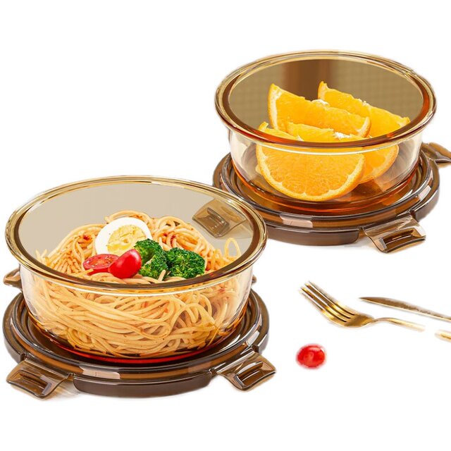 Round glass lunch box, microwave-heated soup bowl, lunch box for office ...