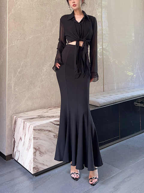 Yang Yang black long fishtail skirt women's autumn high waist and thin ...