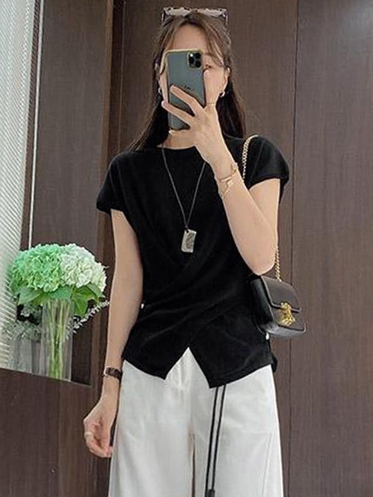 Irregular short-sleeved ice silk sweater for women 2025 new summer ...