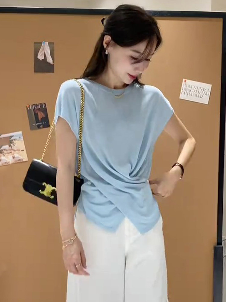 Irregular short-sleeved ice silk sweater for women 2025 new summer ...