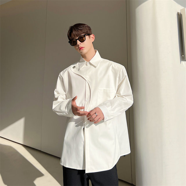 Spring high-end shoulder pad shirt men's long-sleeved niche asymmetric ...