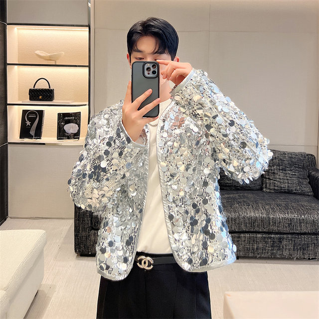 High-End Silver Sequin Jacket for Men, Unique Design, Trendy Internet ...