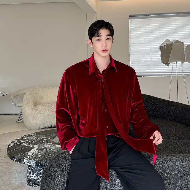 Autumn retro red velvet shirt men's niche tie decorative design Korean ...