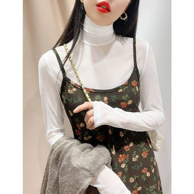 Wild fashion slim transparent single -layer high -necked female long ...