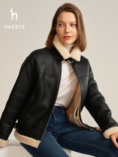 Hazzys official women's new winter short warm sheepskin jacket