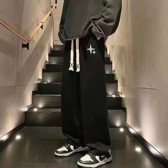 American retro high street student casual sports pants men's wide-leg ...