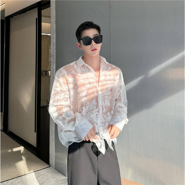 Niche fashionable western style ink painting translucent shirt men's ...
