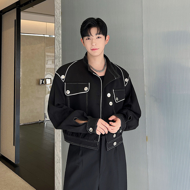 Autumn designer niche stand-up collar patchwork diagonal pocket short ...