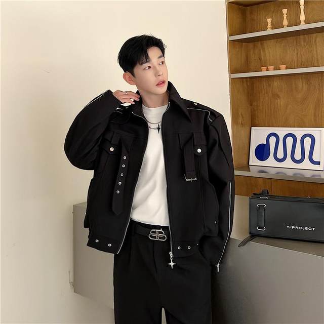 Autumn dark high-end niche short jacket men's handsome trendy zipper ...