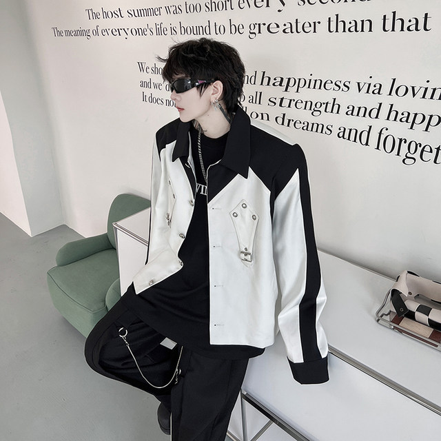 Autumn niche black contrasting structure shoulder pad jacket men's coat ...