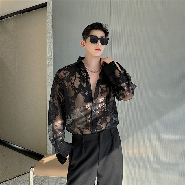 Niche fashionable western style ink painting translucent shirt men's ...