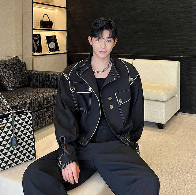 Autumn designer niche stand-up collar patchwork diagonal pocket short ...