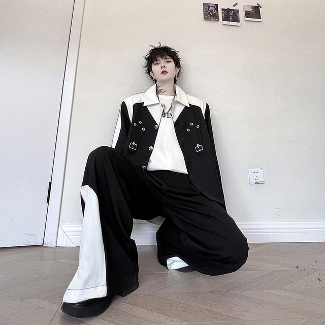 Autumn niche black contrasting structure shoulder pad jacket men's coat ...