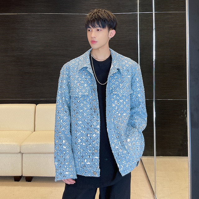 GD sequined shiny street gangster handsome denim jacket men's Korean ...