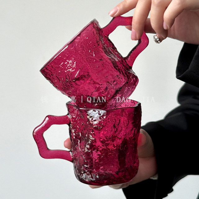 ins style irregular rose red glacier glass cup with handle retro bark ...