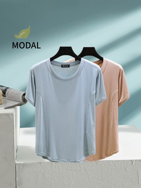 Modal round neck short-sleeved t-shirt slim top stitching simple ...