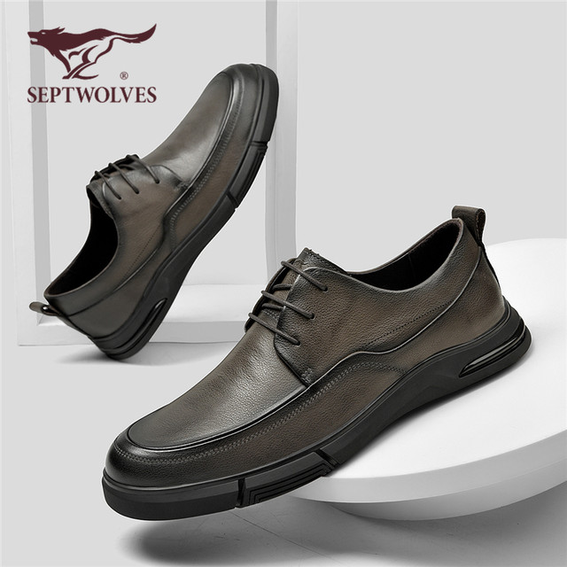Septwolves men's brown leather shoes winter new British first-layer ...