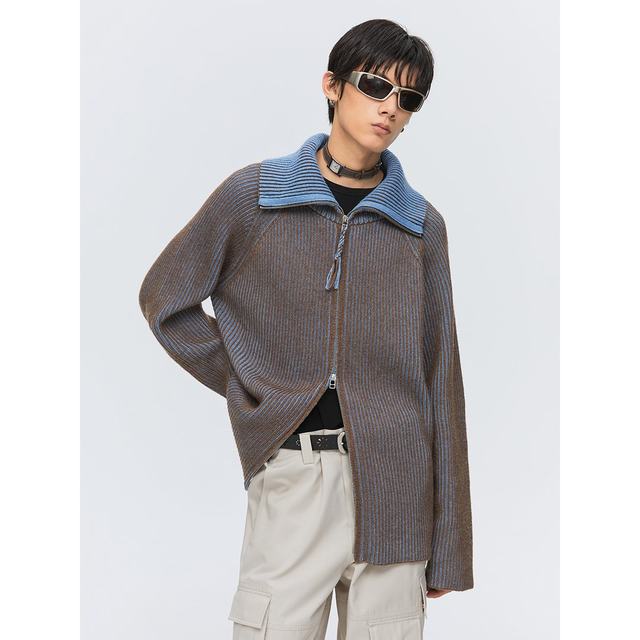 SimpleProject wool blend two-color pitted large lapel double zip ...