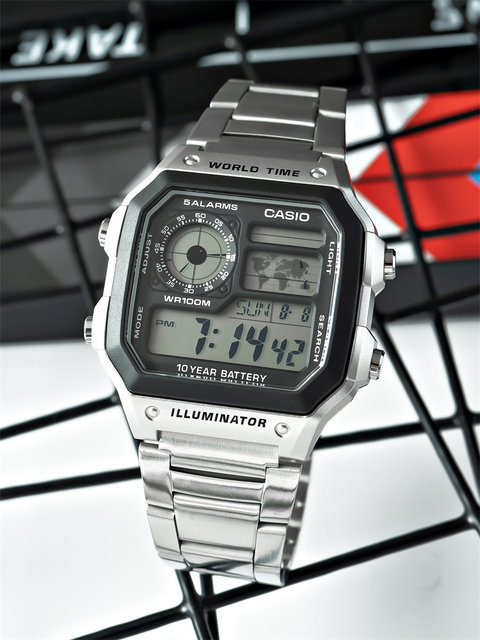 Casio ins retro multifunctional stainless steel strap sports electronic men's watch AE-1200WHD-1A