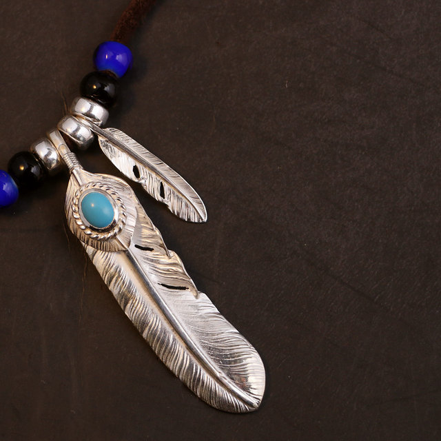 Ikyu Takahashi Goro 925 Sterling Silver XL Plain Feather Small Feather Deerskin Rope Necklace ...